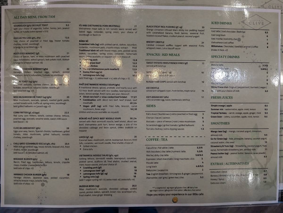 Menu at Little Clive Cafe, Annerley