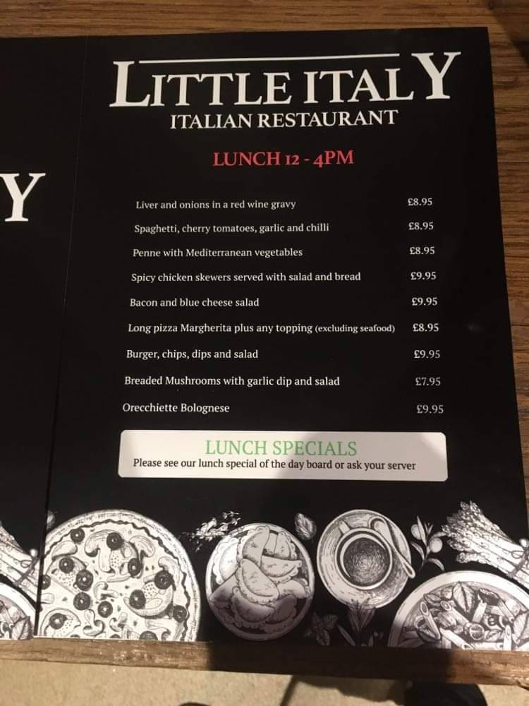 Menu at Little Italy restaurant, Inverness