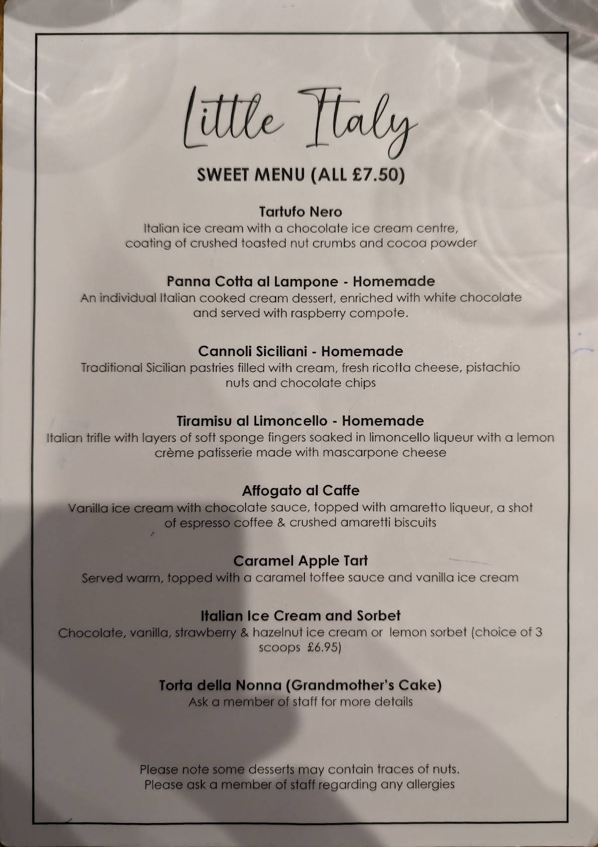 Menu at Little Italy restaurant, York