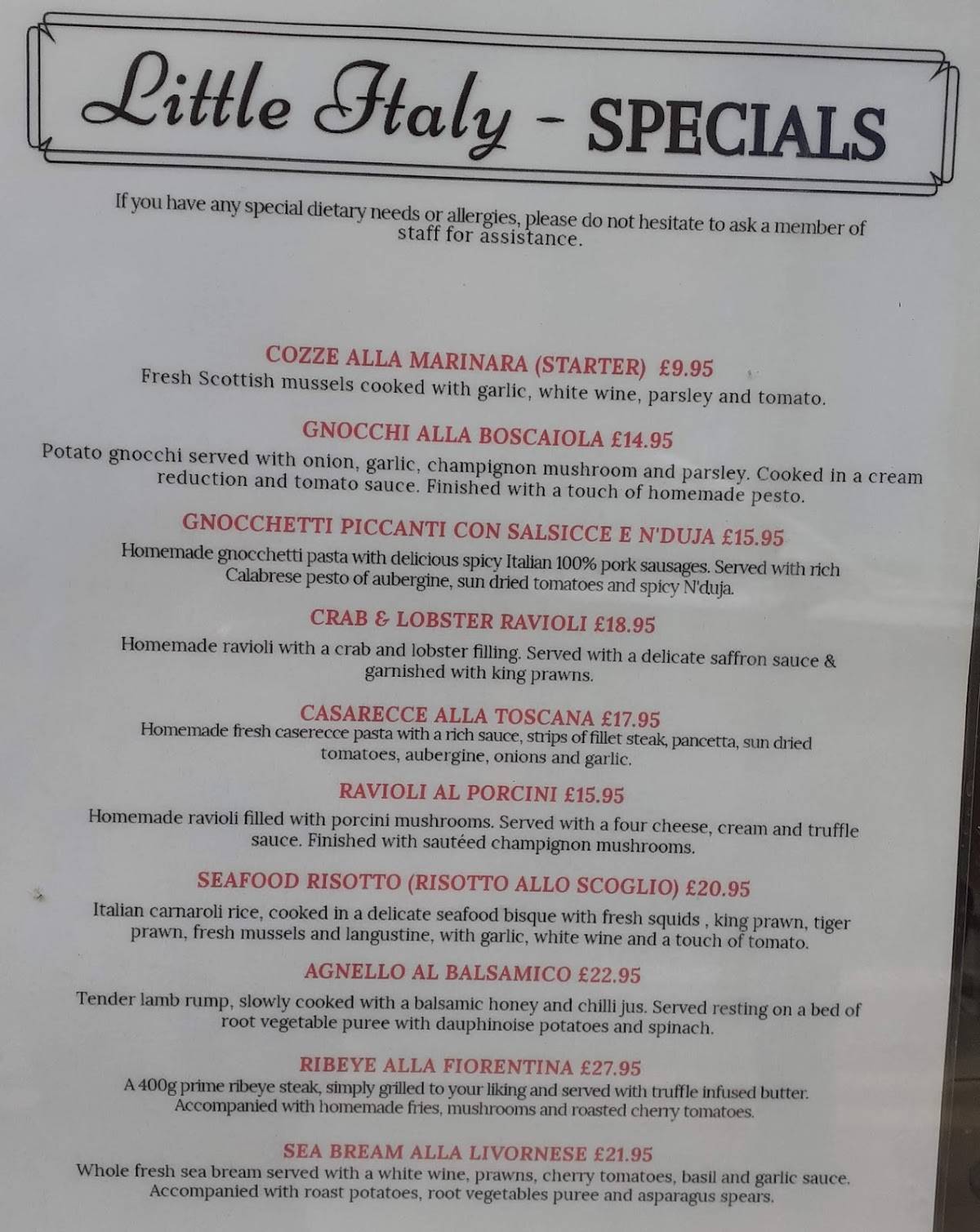 Menu at Little Italy restaurant, York