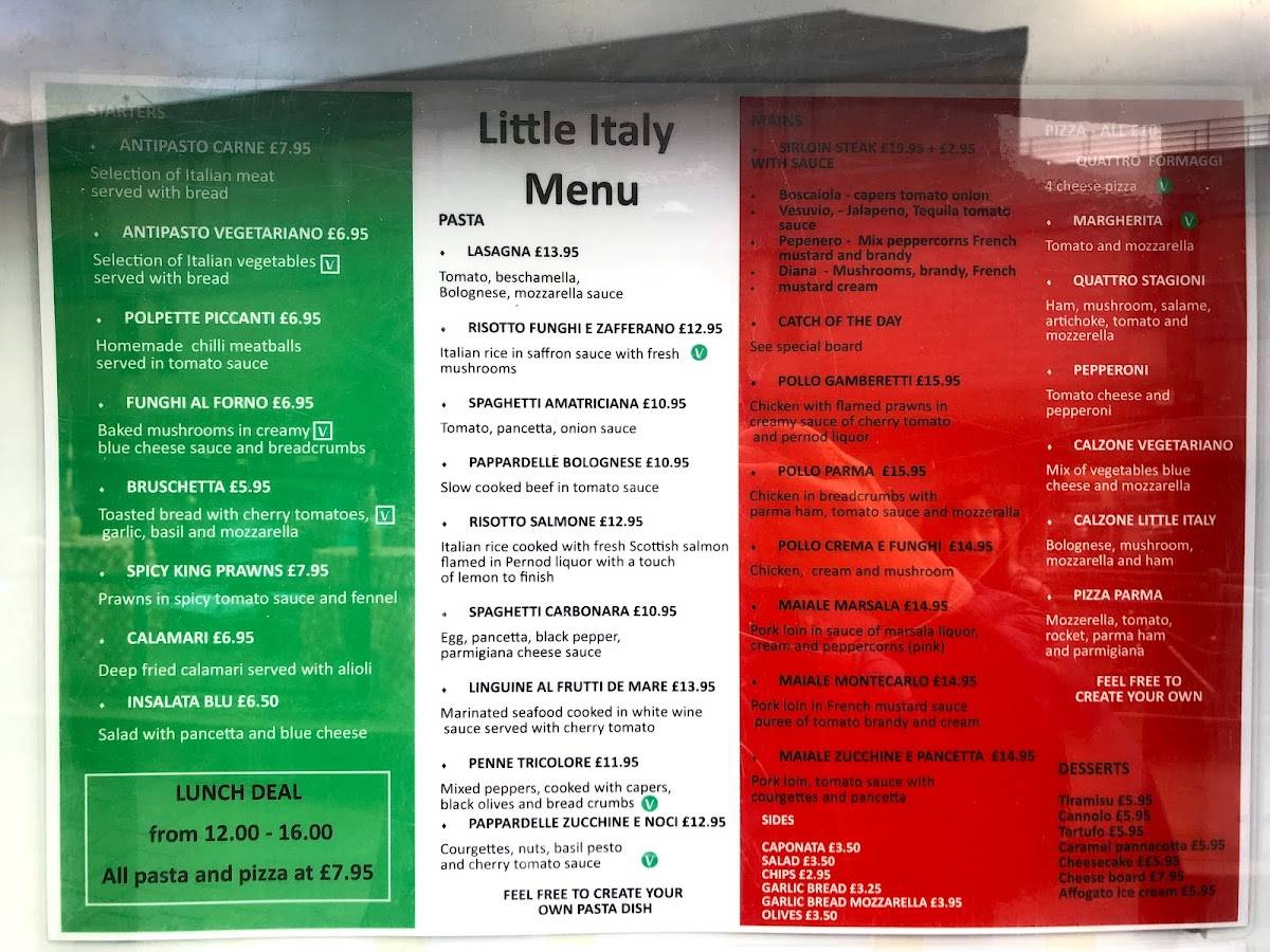 Menu at Little Italy restaurant, Inverness