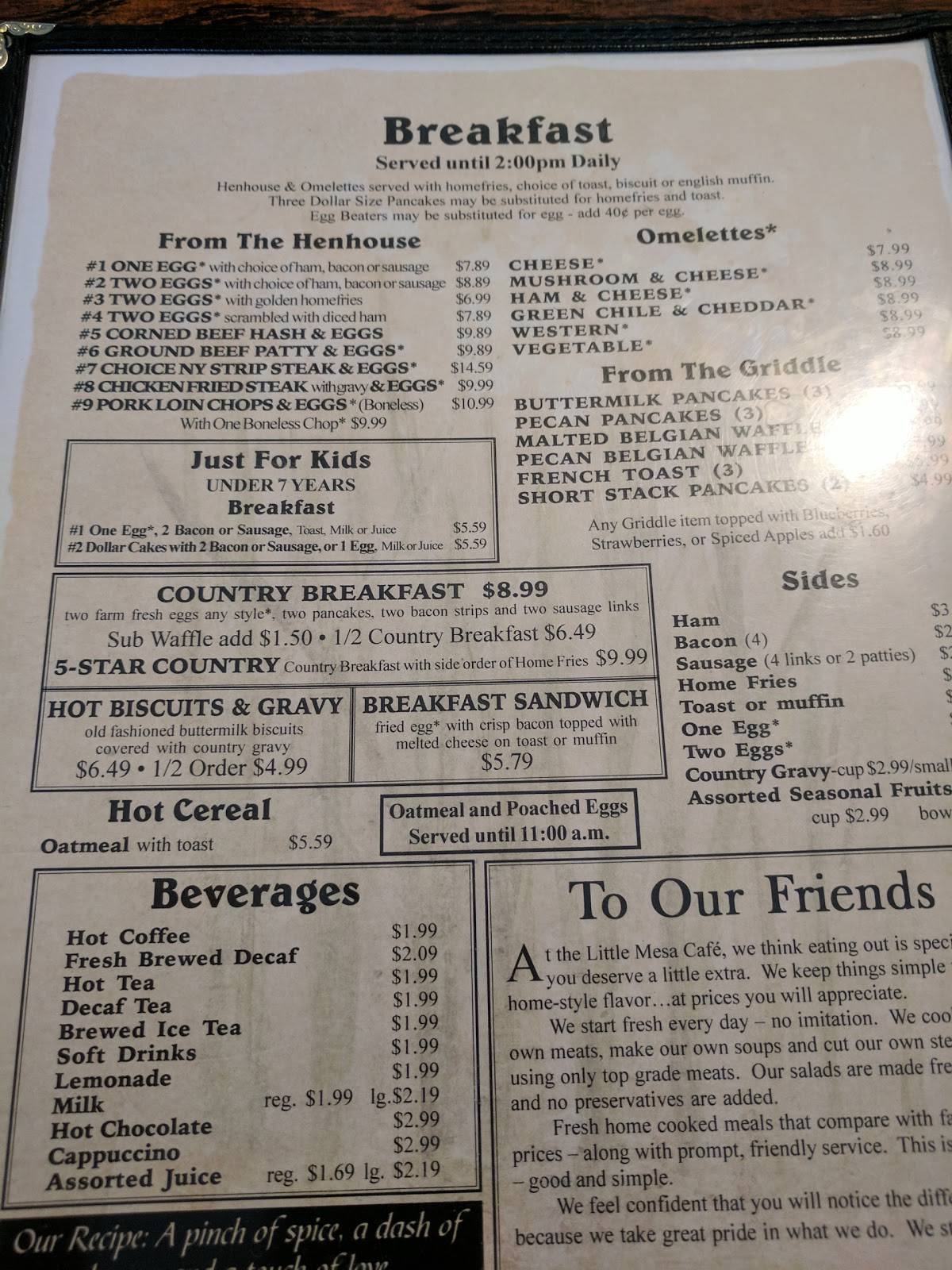 Menu at Little Mesa Cafe, Mesa
