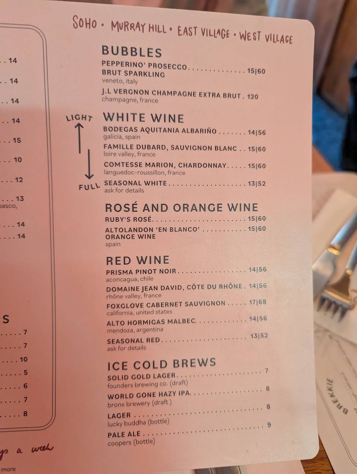 Menu at Little Ruby's Murray Hill restaurant, New York City, 442 3rd Ave