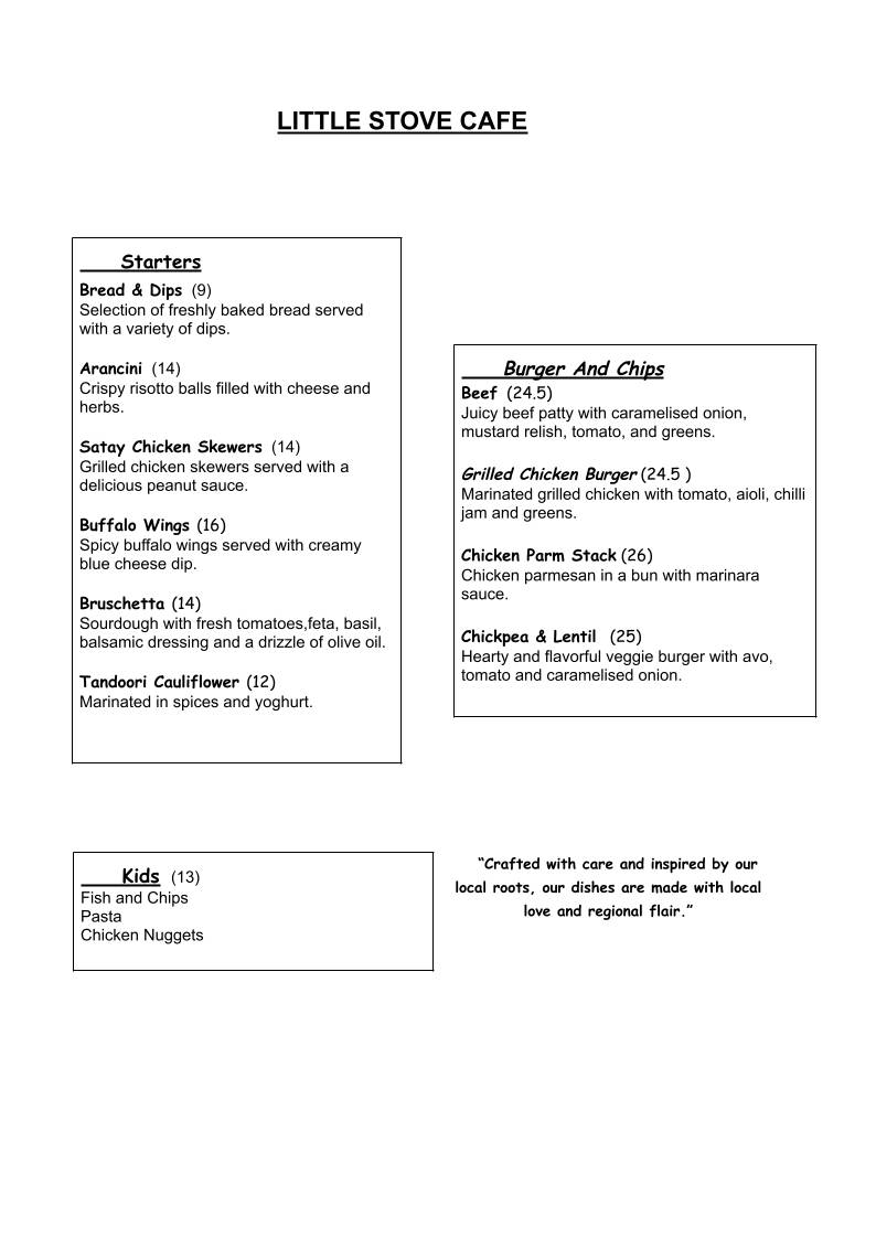 Menu at Little Stove restaurant, Bicton
