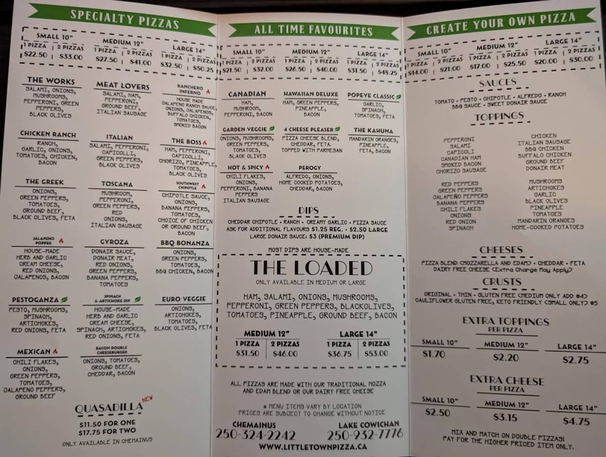 Menu at Little Town Pizza pizzeria, Chemainus