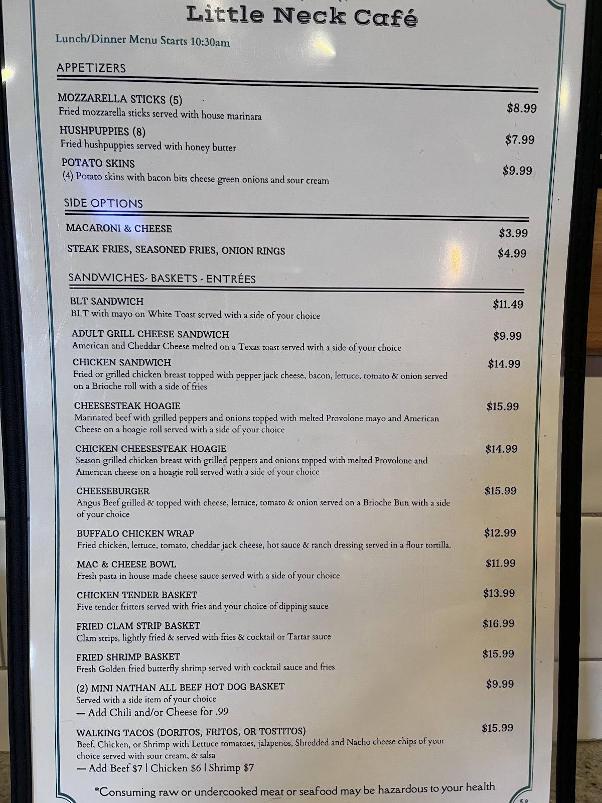 Menu at Littleneck Cafe, Cape Charles