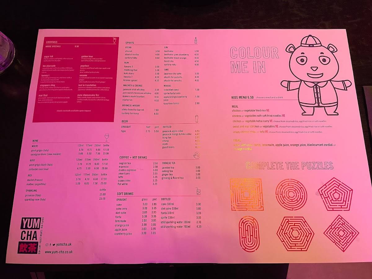 Menu at Yum Cha restaurant, Liverpool
