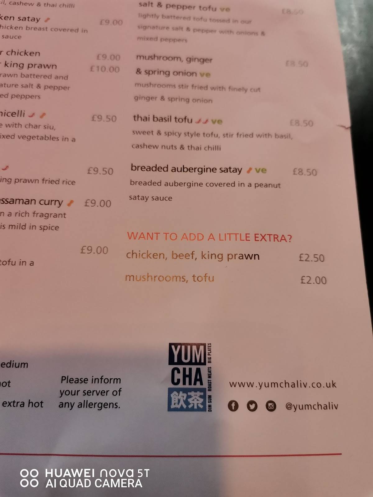 Menu at Yum Cha restaurant, Liverpool