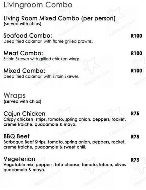 Menu at Living Room club, Cape Town, Voortrekker Road