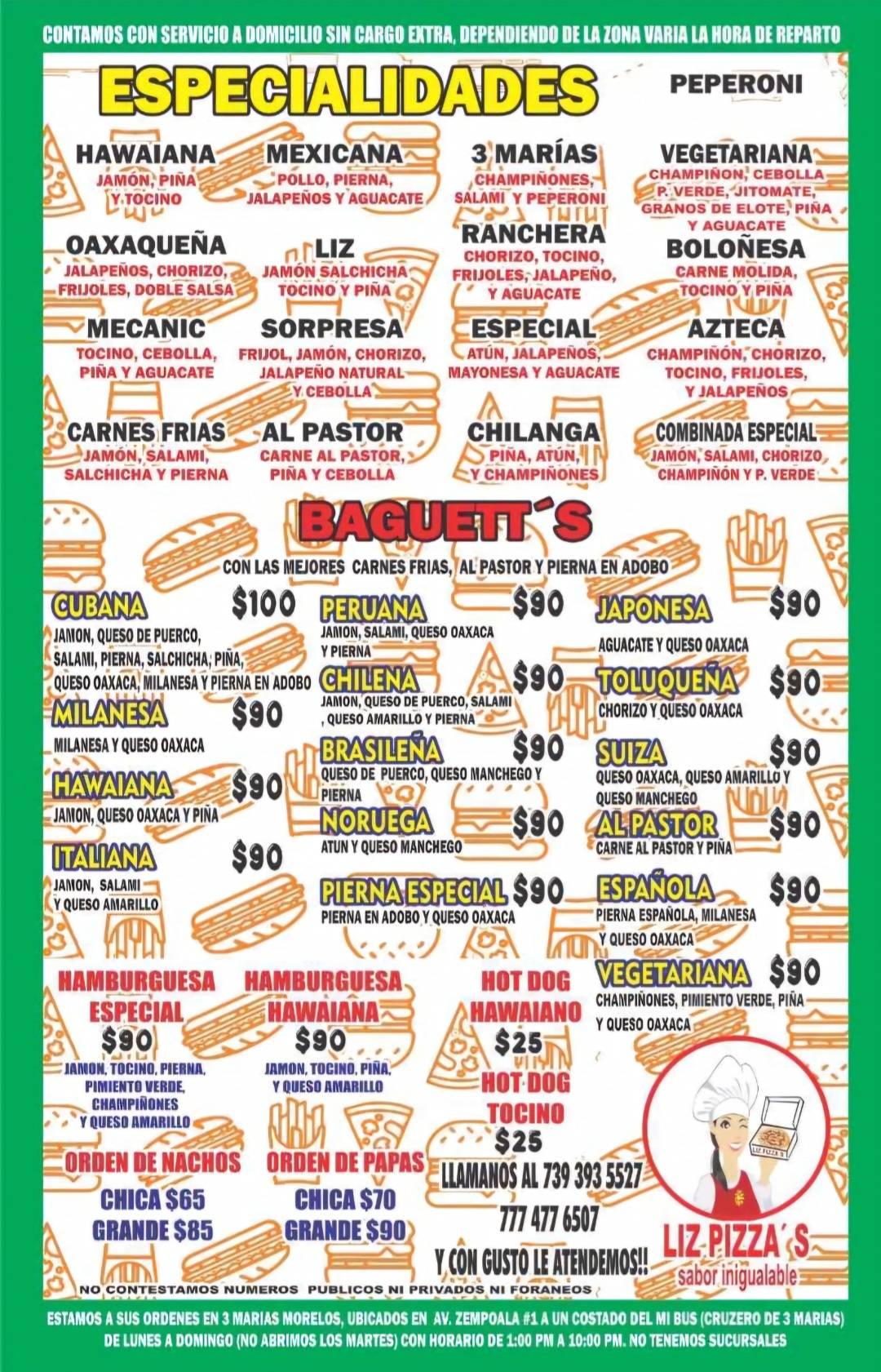 Menu at Liz Pizza's Sabor Inigualable restaurant, Tres Marías