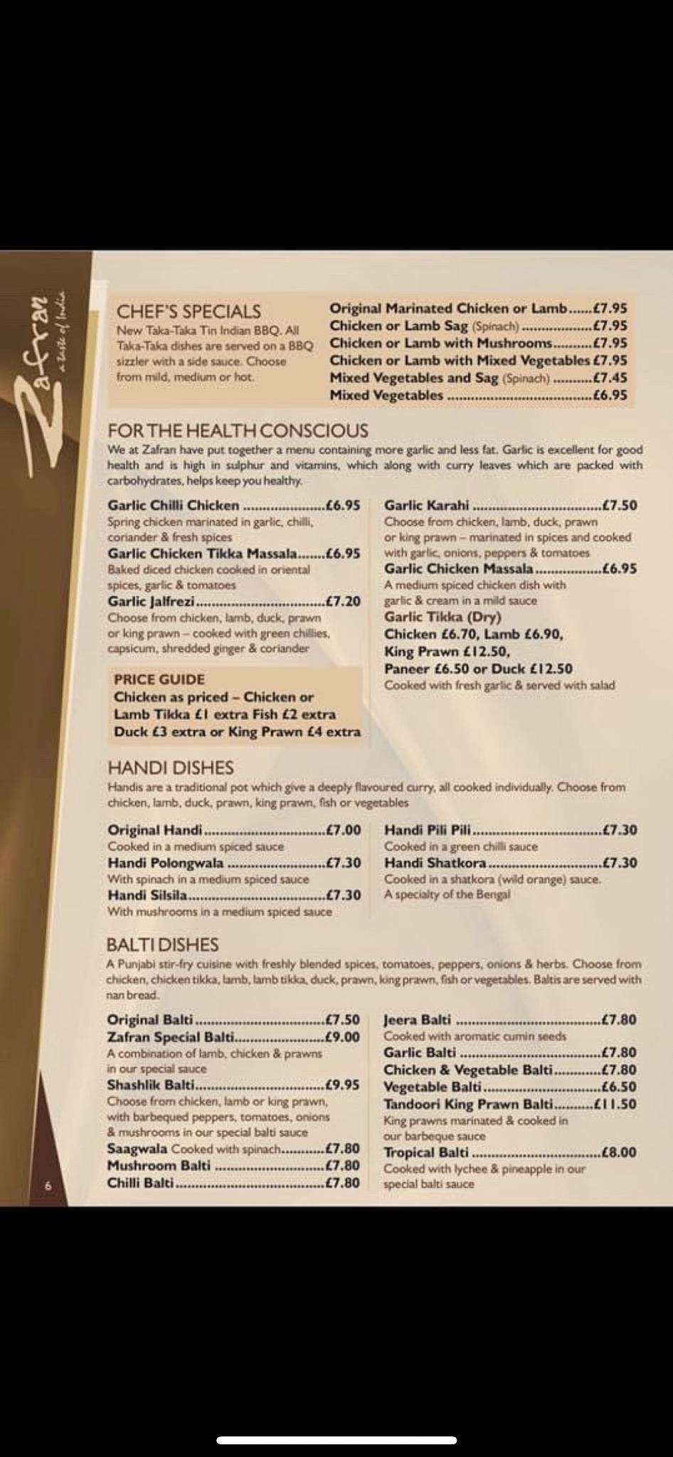 Menu at Zafran Indian Restaurant, Neath