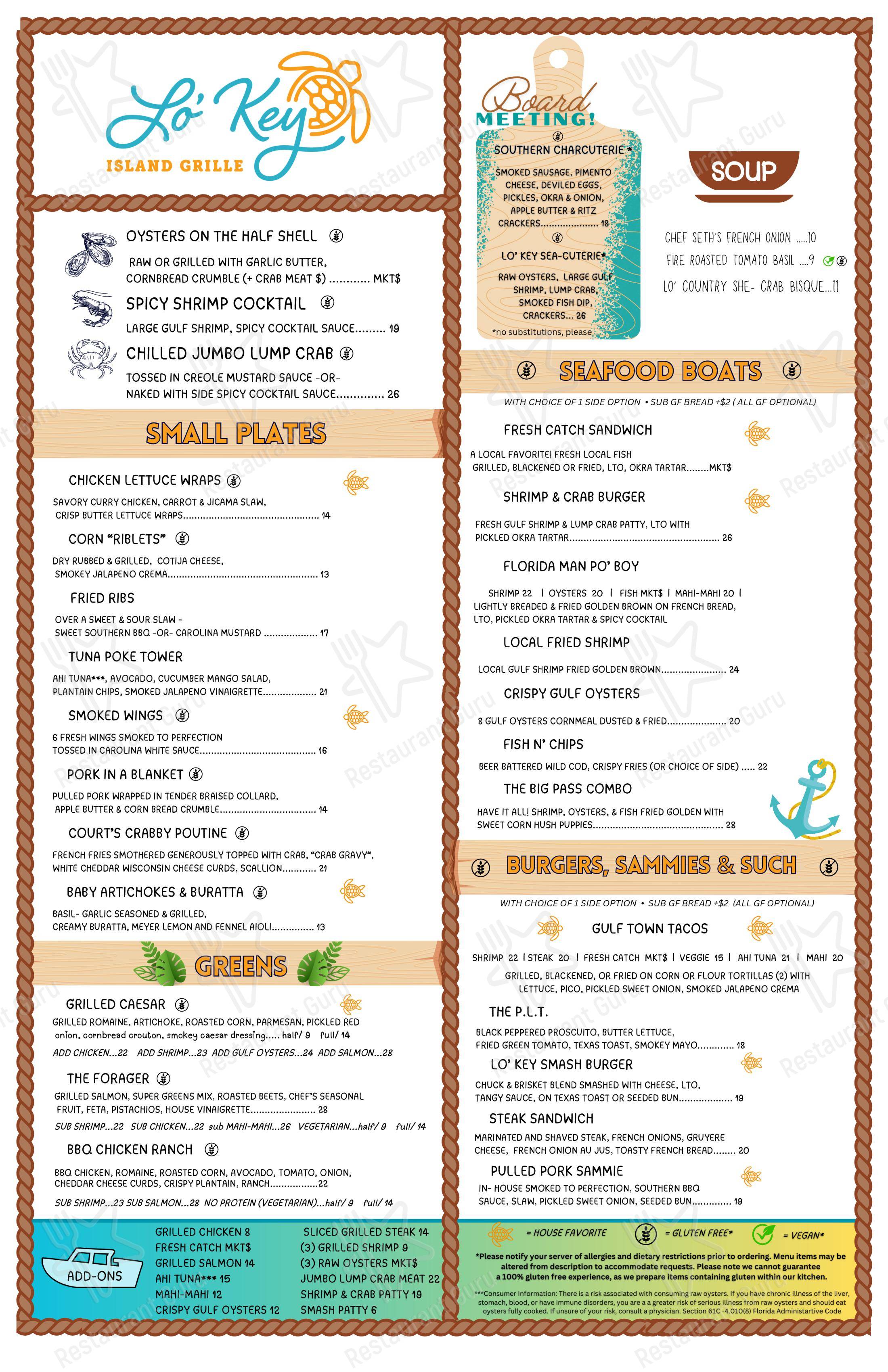 Menu at Lo’ Key Island Grille pub & bar, Longboat Key
