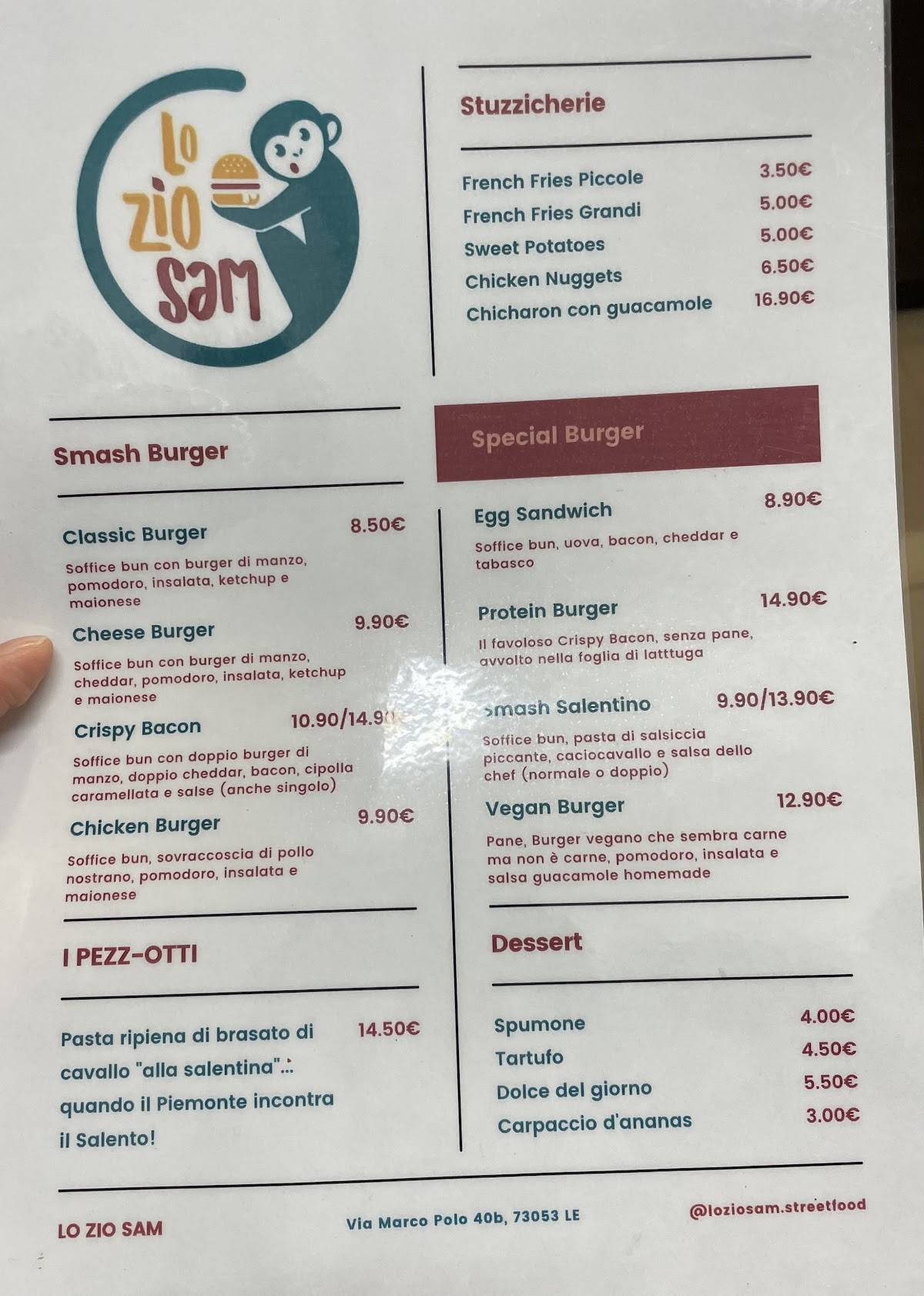 Menu da Lo Zio Sam ristorante, Patù