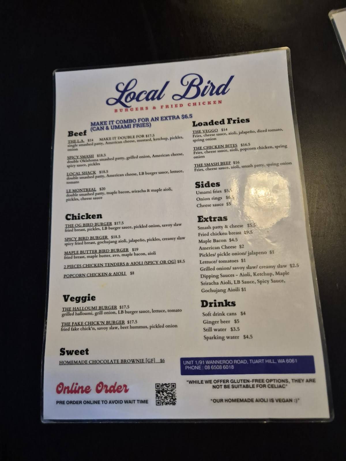 Menu at Local Bird restaurant, Tuart Hill