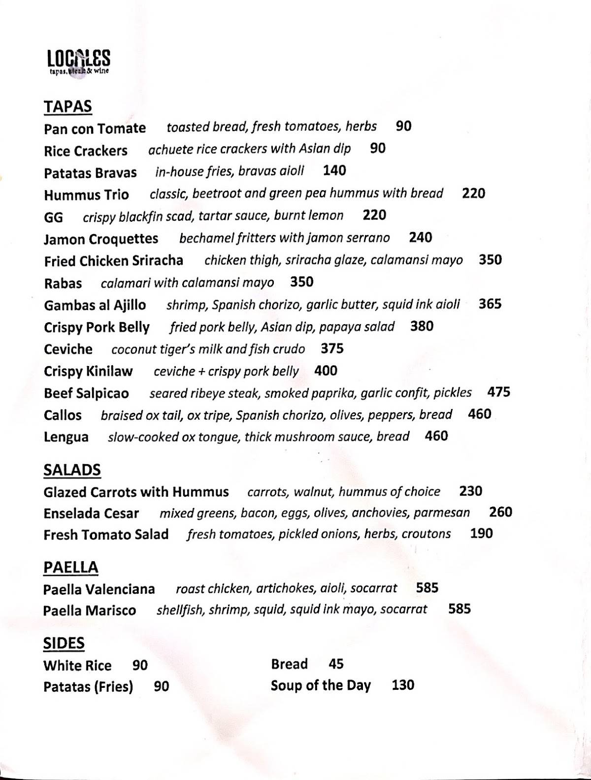 Menu at Locales restaurant, Cagayan de Oro