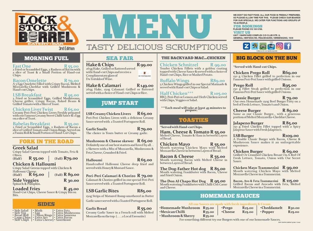 Menu at Lock Stock & Barrel, Vereeniging