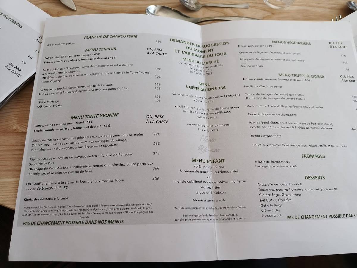 Menu au Logis Hôtel Tante Yvonne restaurant, Quincieux