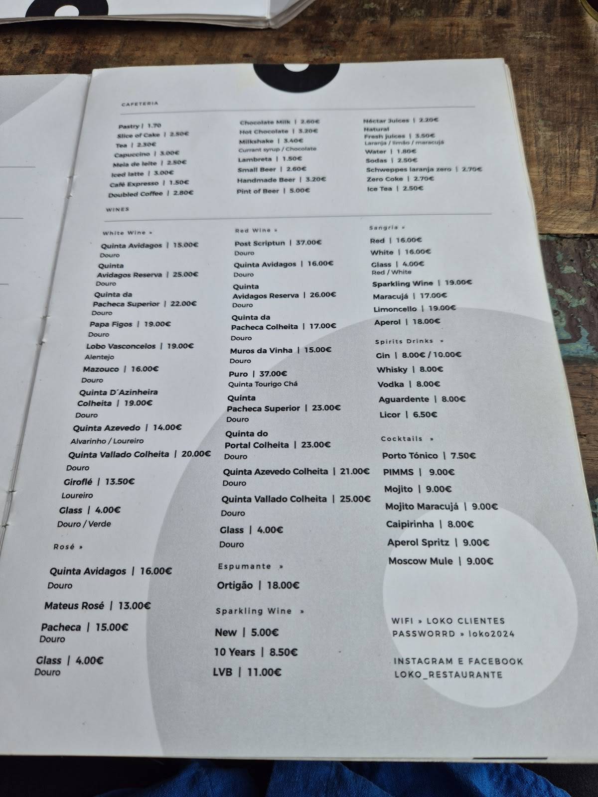 Menu em Loko restaurante, Porto