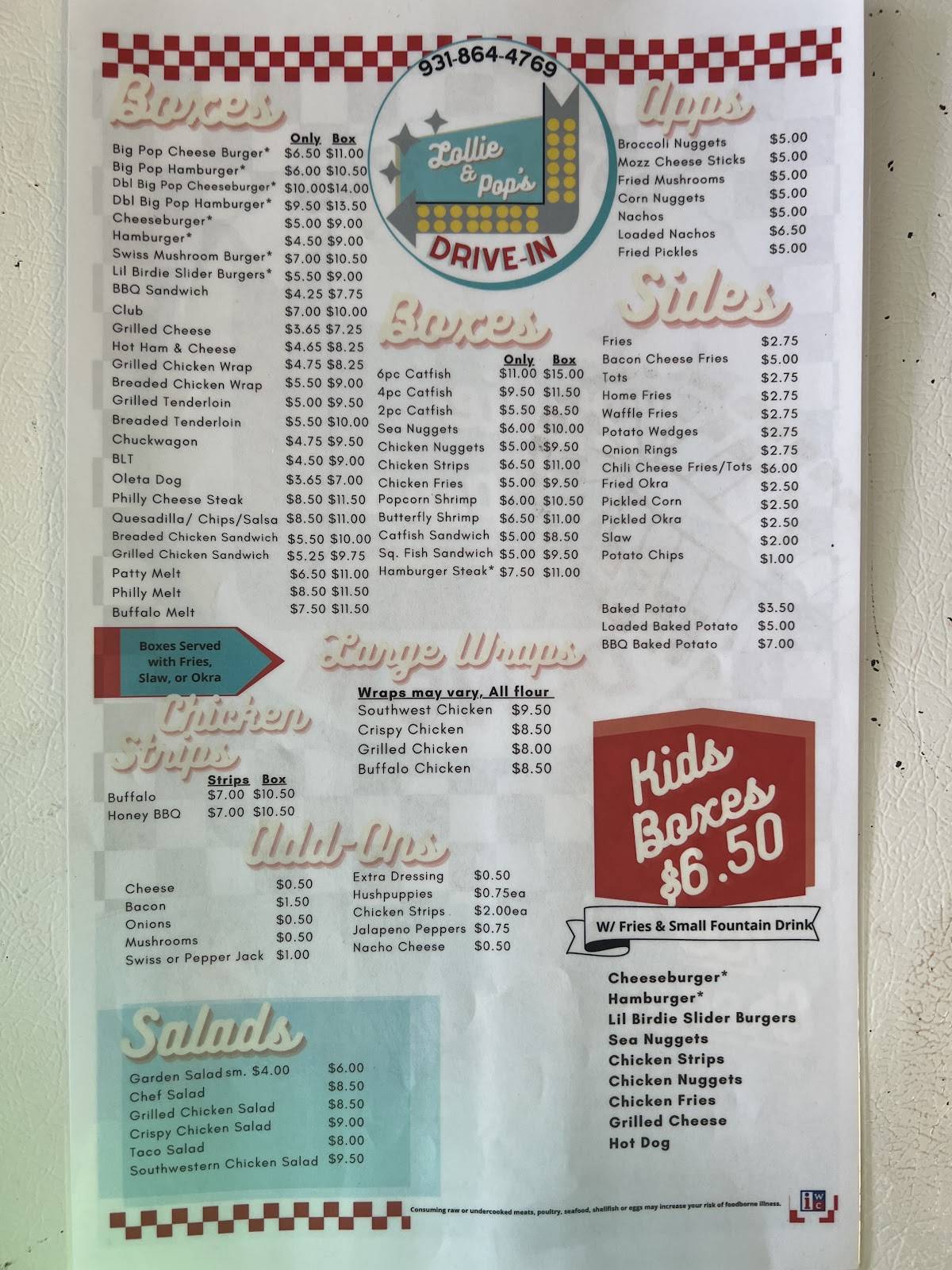 Menu at Lollie & Pops Drive-In restaurant, Byrdstown