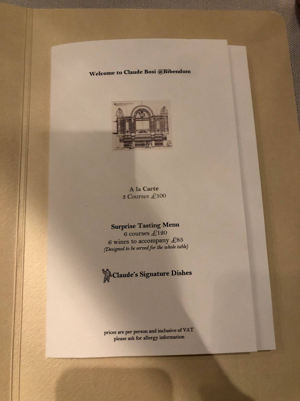 Menu at Claude Bosi at Bibendum pub & bar, London