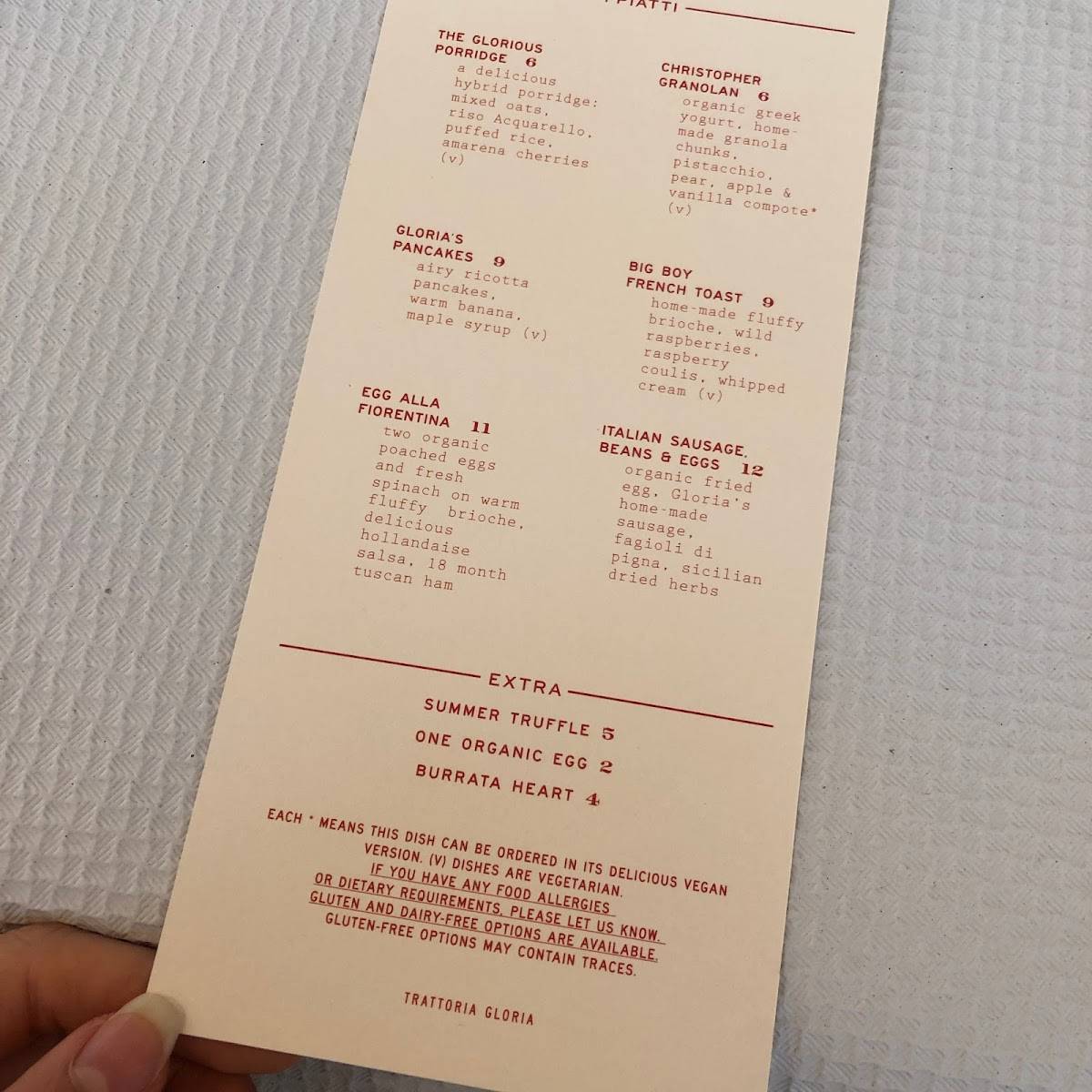 Menu at Gloria restaurant, London, 54-56 Great Eastern St