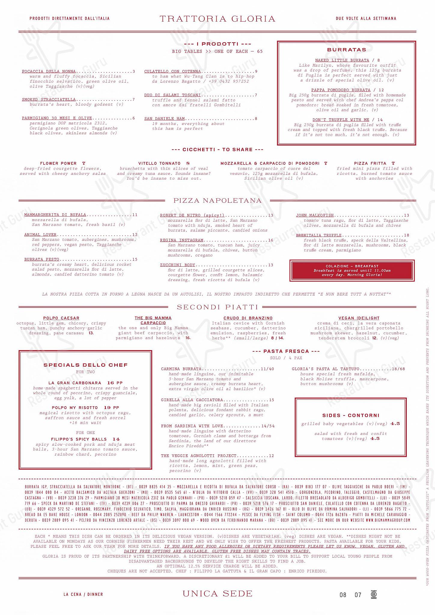 Menu at Gloria restaurant, London, 54-56 Great Eastern St