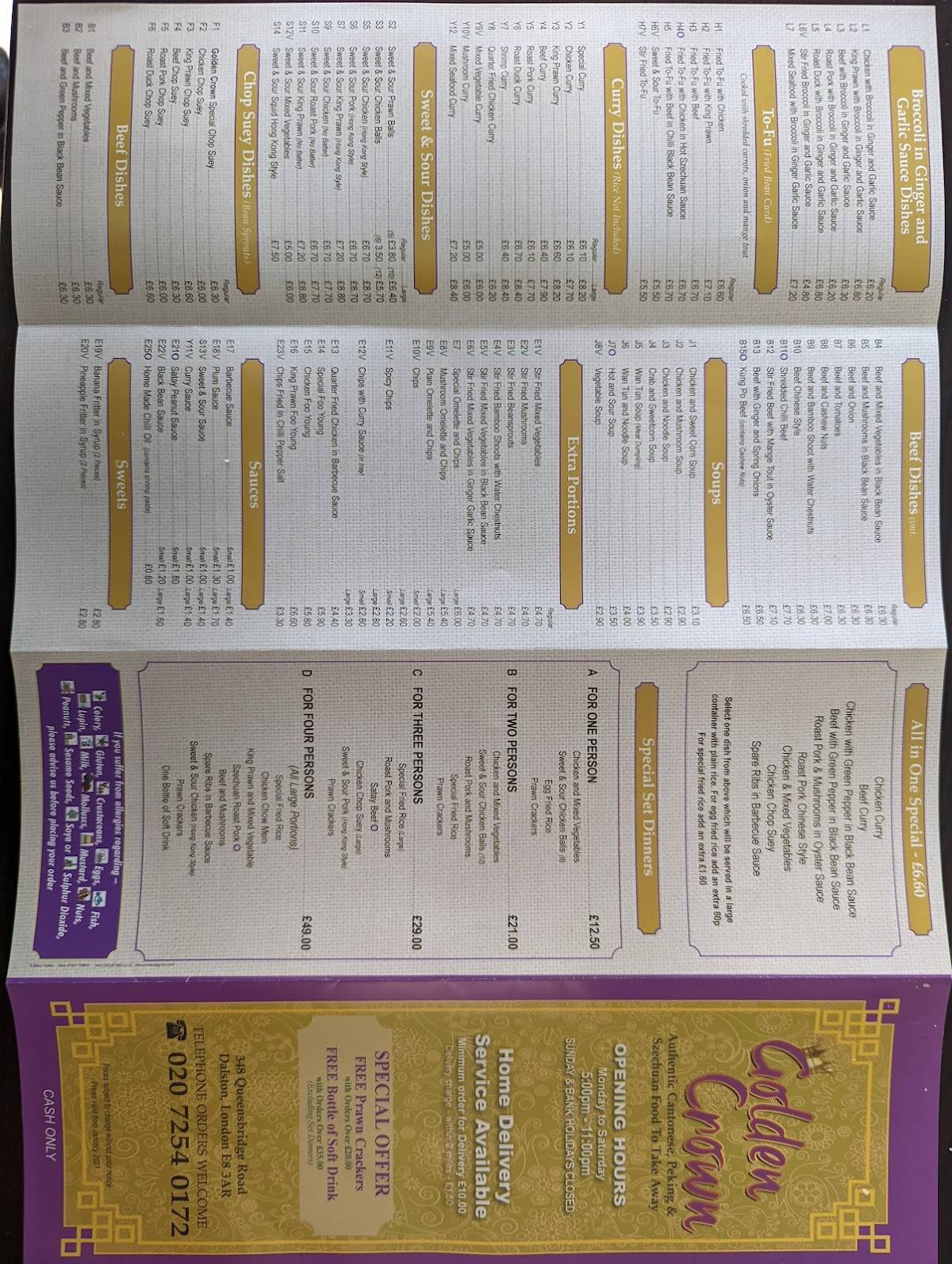 Menu at Golden Crown fast food, London, 348 Queensbridge Rd