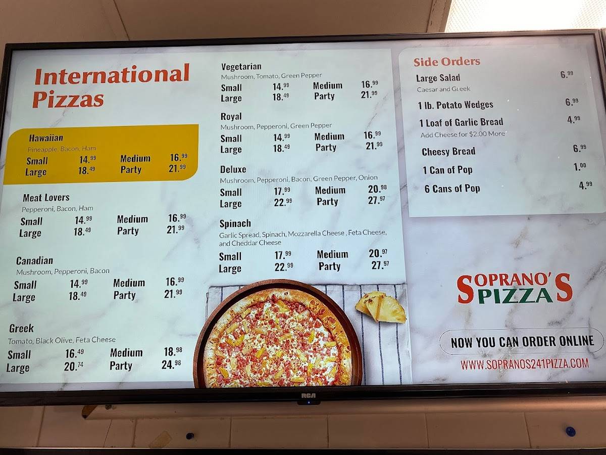 Menu at Soprano's Pizza pizzeria, London, 941 Oxford St E