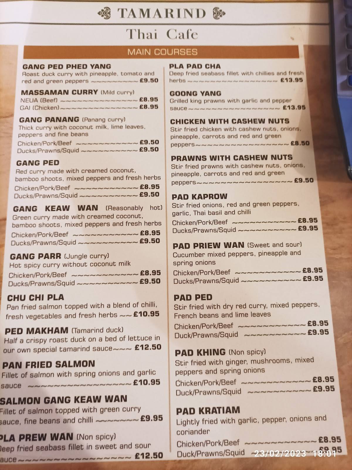 Menu at Tamarind Thai Cafe, Rickmansworth