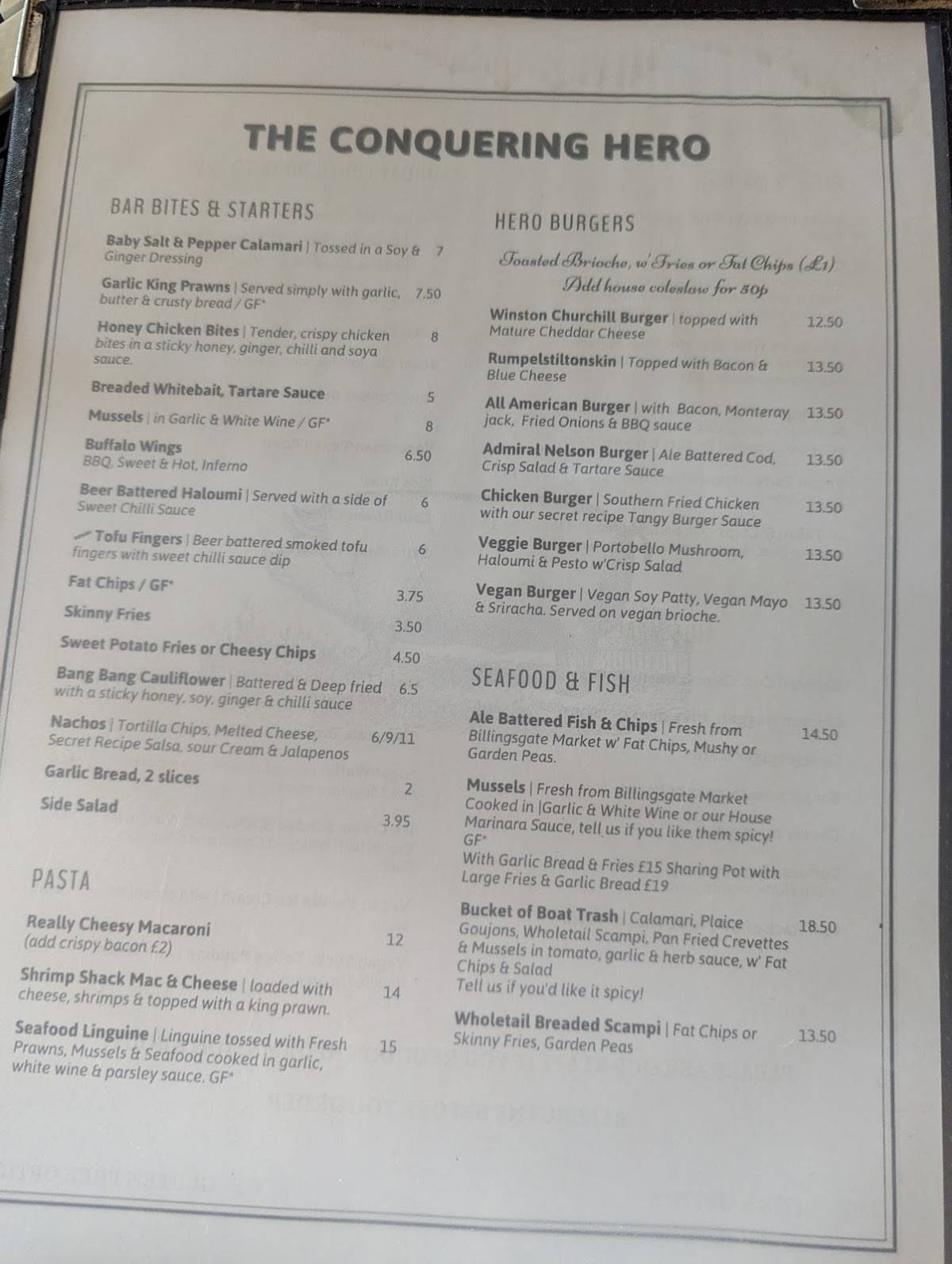 Menu at The Conquering Hero pub & bar, London
