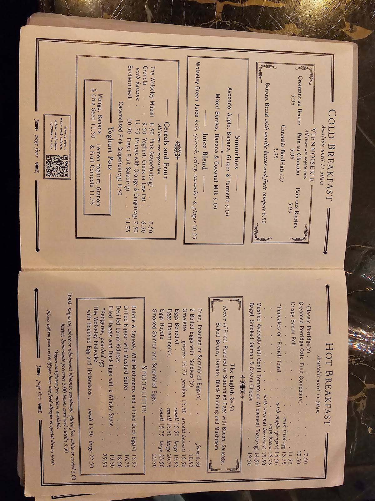 Menu at The Wolseley cafe, London