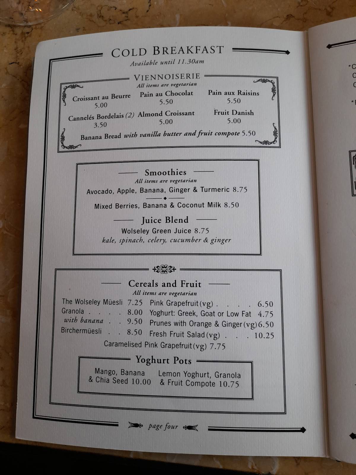 Menu at The Wolseley cafe, London