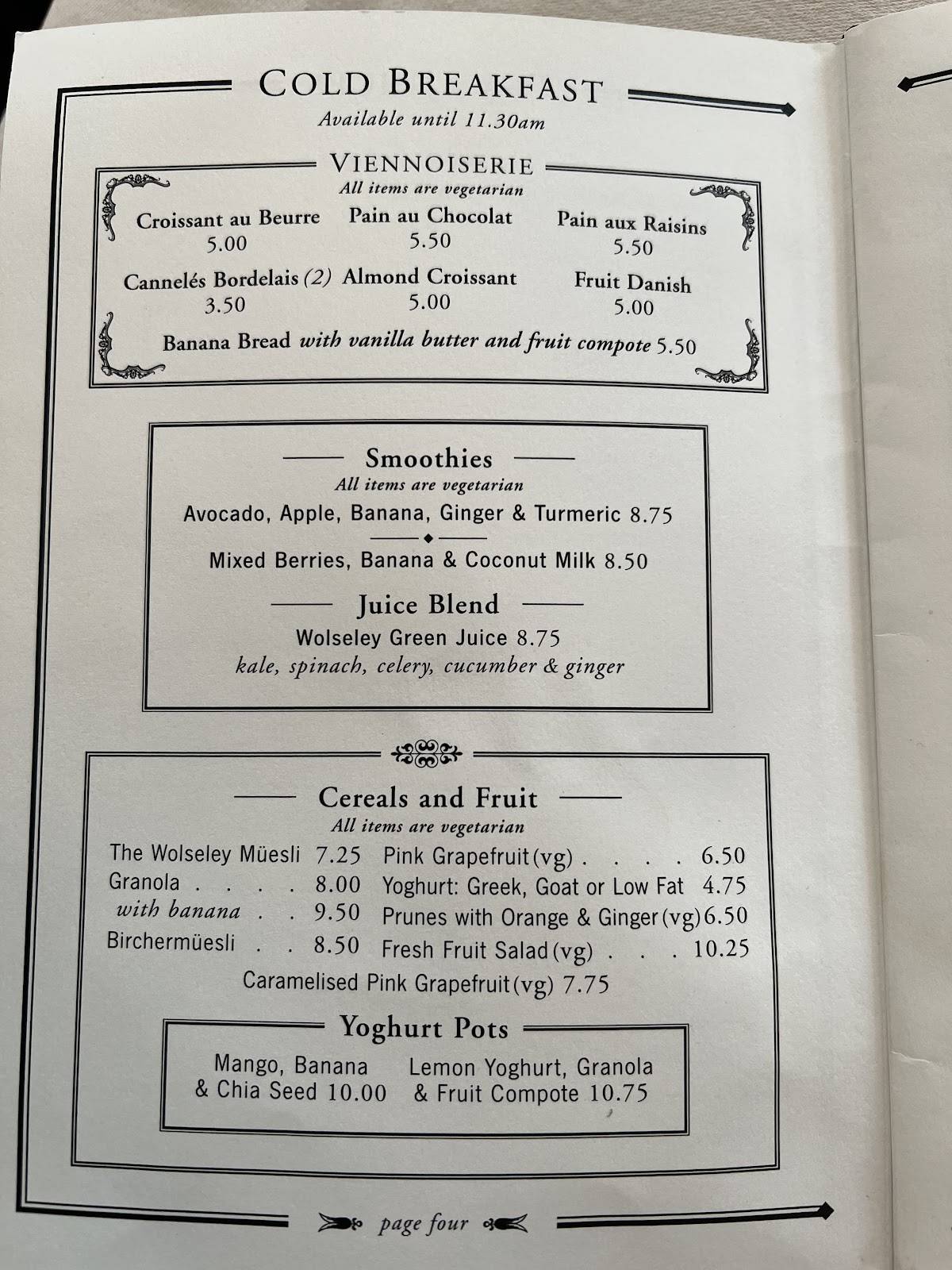 Menu at The Wolseley cafe, London