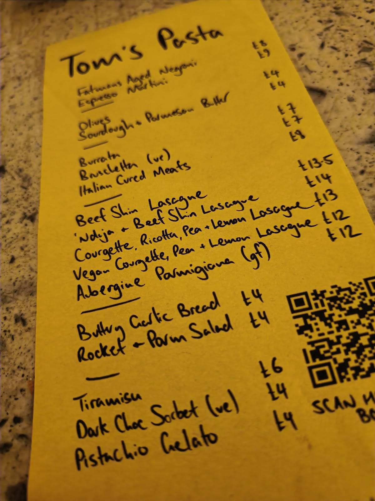 Menu at Tom's Pasta restaurant, London