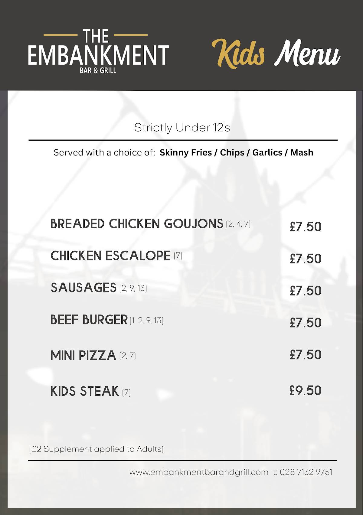 Menu at The Embankment Bar & Grill, Londonderry