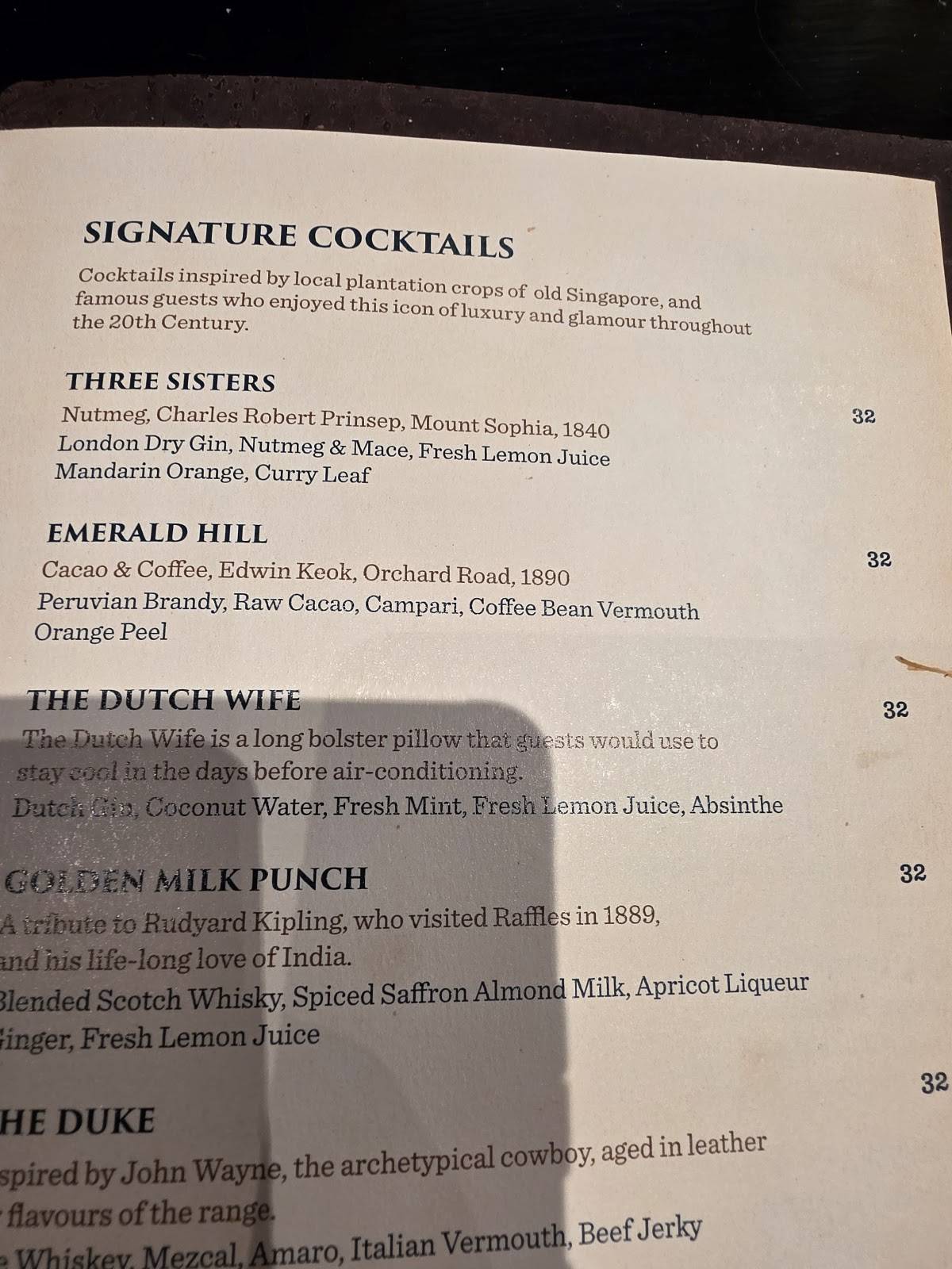 Menu at Long Bar, Singapore, 1 Beach Rd