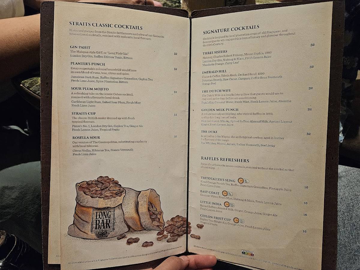 Menu at Long Bar, Singapore, 1 Beach Rd