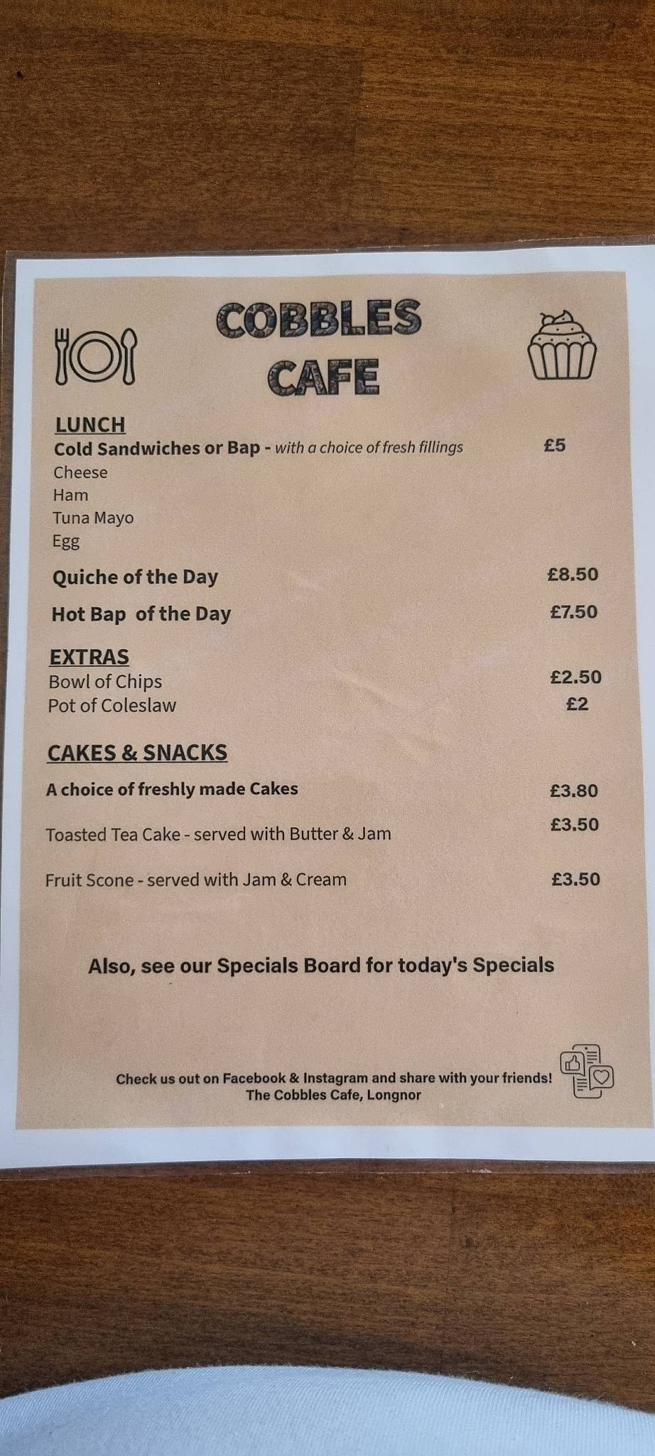 Menu at Cobbles Cafe, Longnor
