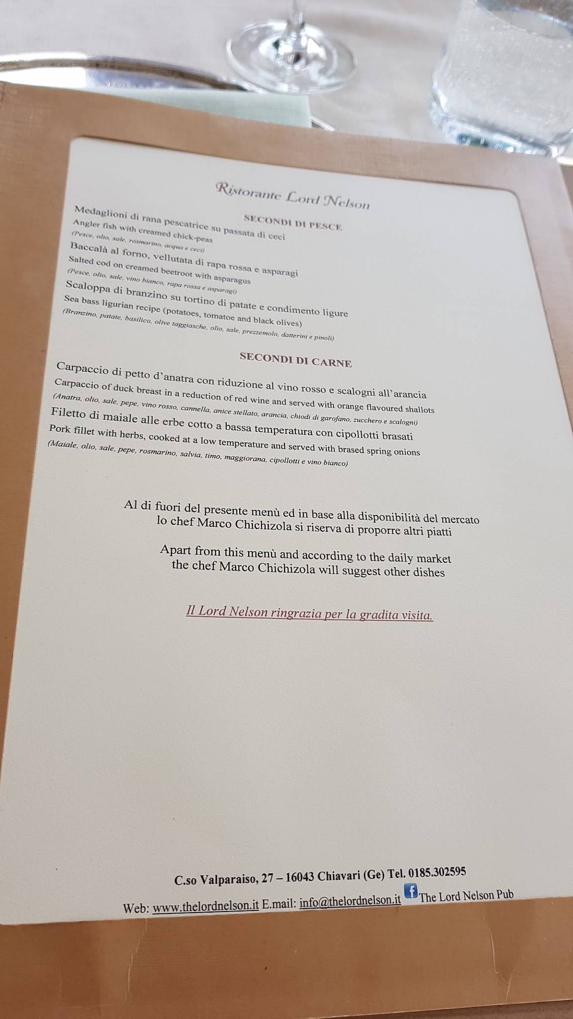 Menu da Lord Nelson (Ristorante - American Bar - Enoteca - Appartamenti ...