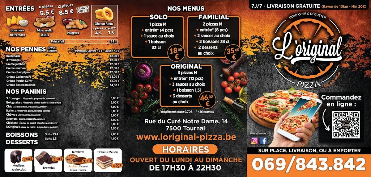 Menu bij L'original pizza, Doornik