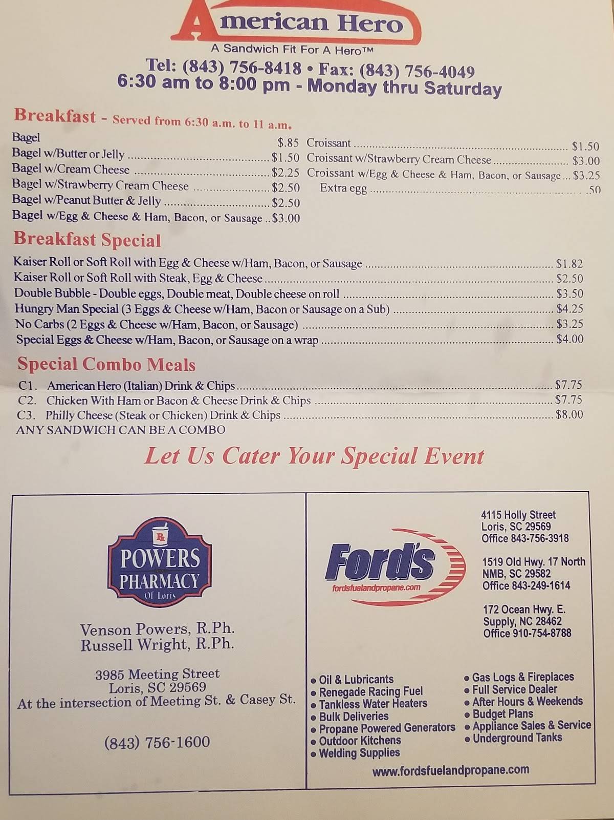 Menu at American Hero Subs & Bagels restaurant, Loris
