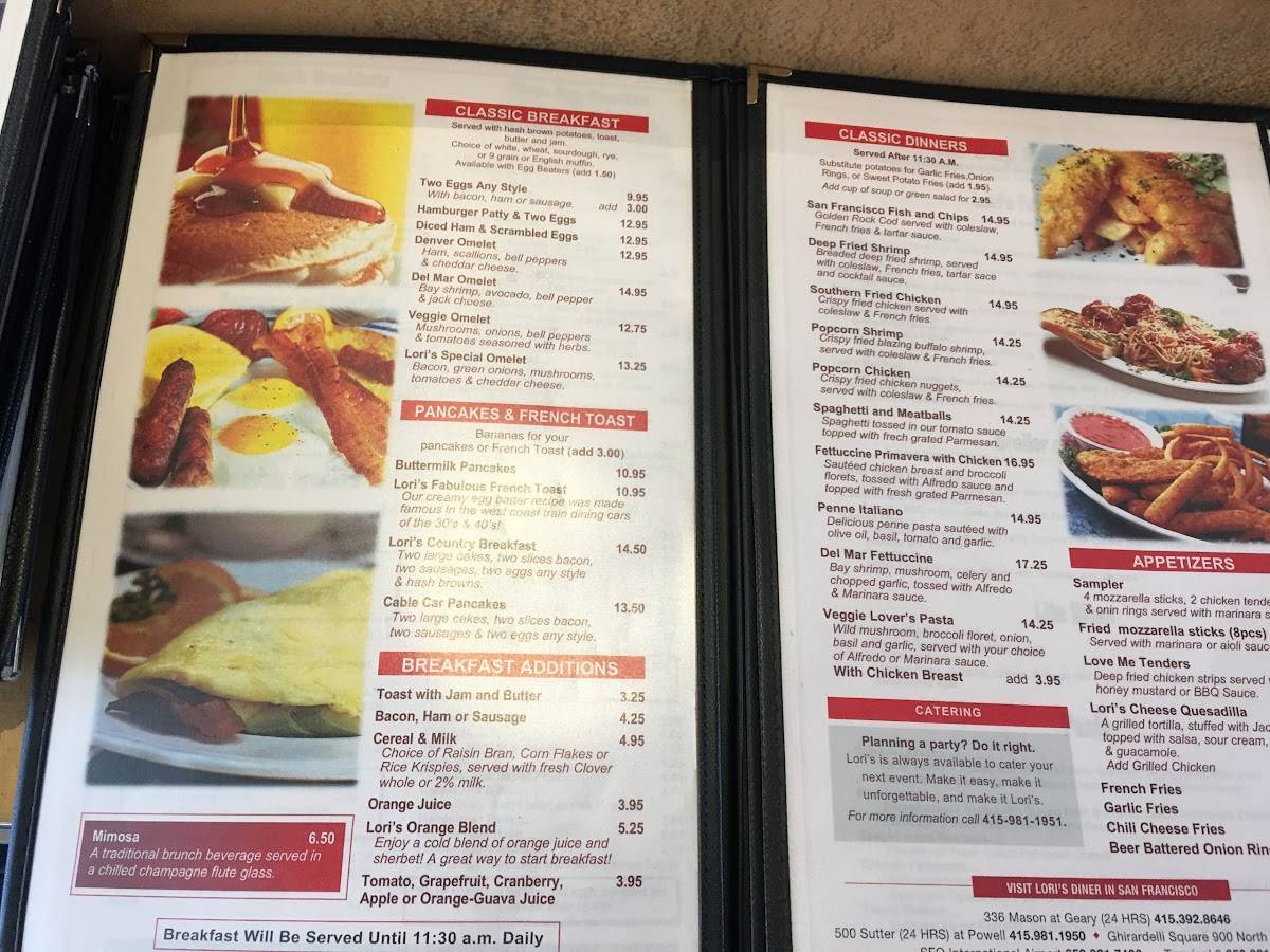 Menu at Lori's Diner restaurant, San Francisco, 900 North Point St