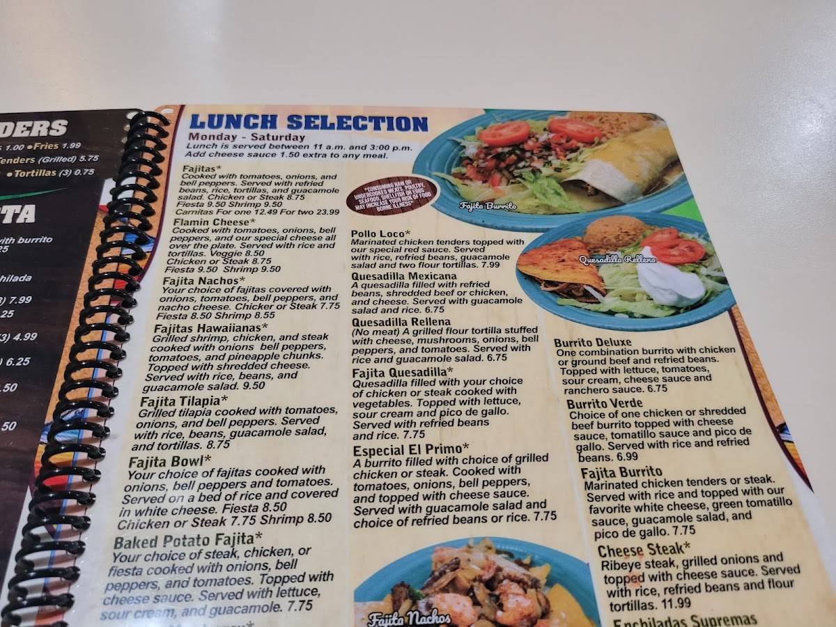 Menu at Los Arcos restaurant, Boaz