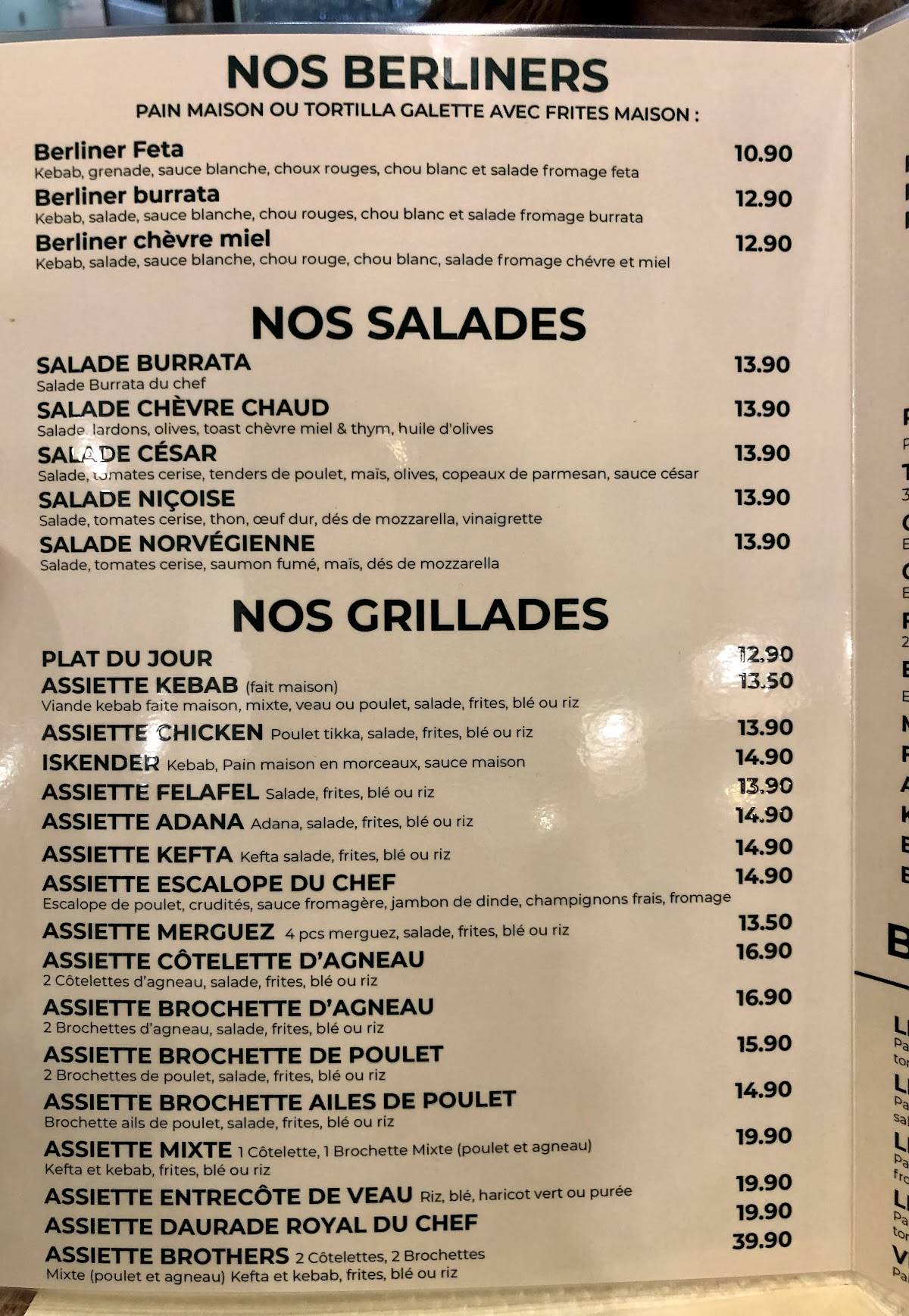 Menu at Los Brothers fast food, Paris