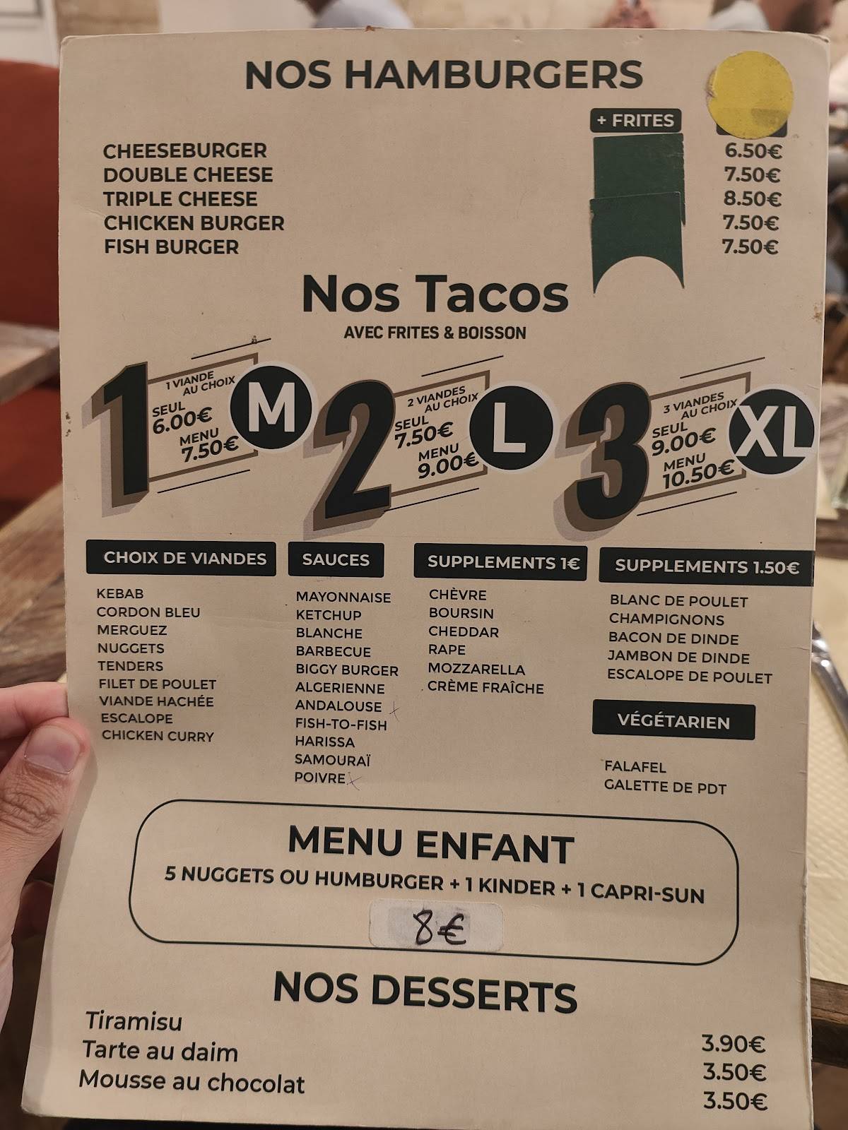 Menu at Los Brothers fast food, Paris