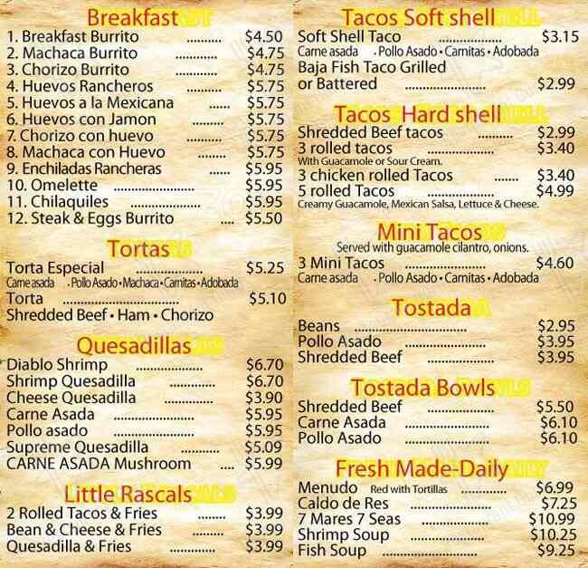 Menu at Los Panchitos Mexican & Seafood restaurant, San Diego, Pacific Hwy