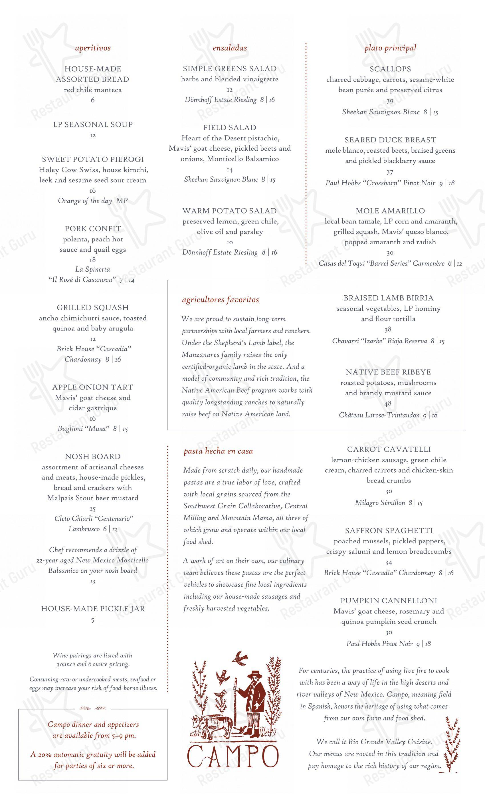 Menu at Los Poblanos Historic Inn & Organic Farm restaurant, Albuquerque