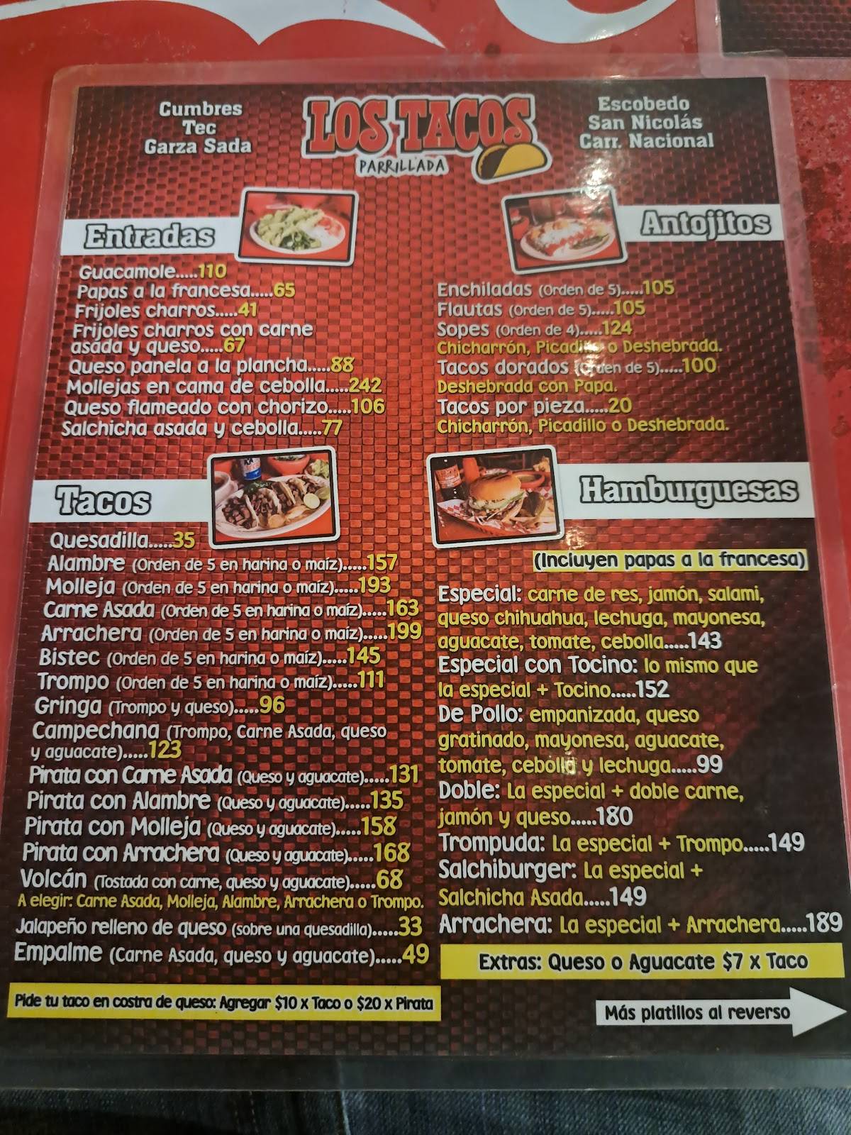 Menu at Los Tacos Parrillada, Monterrey, Cerca de