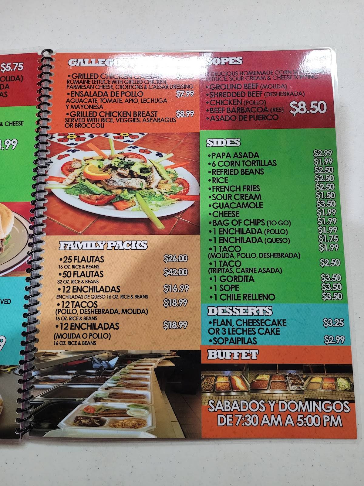 Menu at Los Tres Gallegos restaurant, El Paso, Pebble Hills Blvd