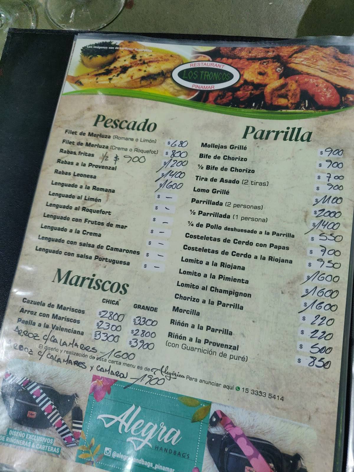 Carta del restaurante Los Troncos, Pinamar, entre Lenguado y Pejerrey